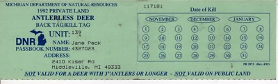 1992 MICHIGAN DNR ANTLERLESS DEER BACK TAG KILL TAG -MICHIGAN DEER-BEAR ...