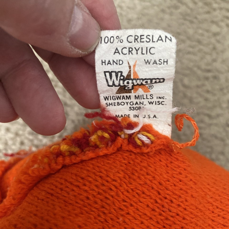 Wigwam Ski Winter Cap Beanie Pom Pom Orange 80’s 90s Vintage Made USA ...