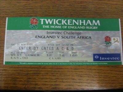 24/11/2001 Ticket: Rugby Union - England v South Africa [At Twickenham ...