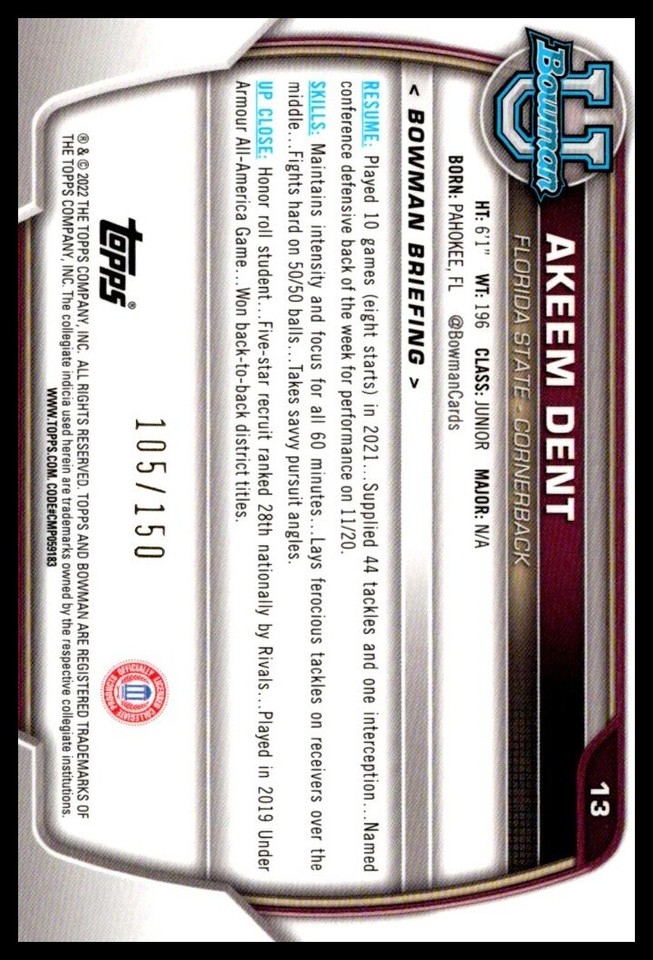 2022 Bowman U #13 Akeem Dent Fuschia Mini-Diamond #/150 | eBay