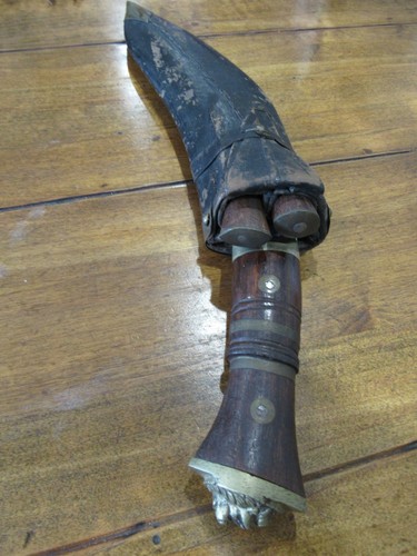 Rare Long Curved Blade knife with sheath and two small knives w/brass ...