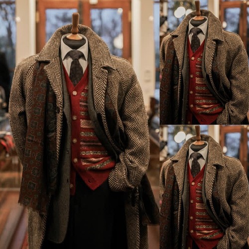 Vintage Brown Tweed Men's Long Overcoats Herringbone Outdoor Casual ...