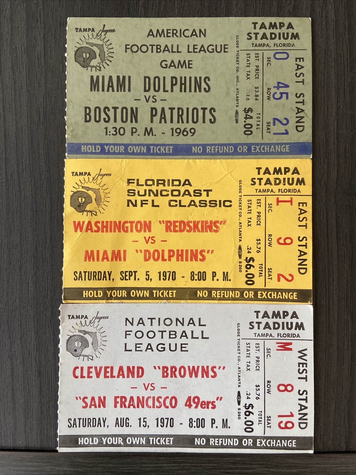 AFL NFL Ticket Stubs - 1969-70 Boston Patriots Redskins 49ers Dolphins ...