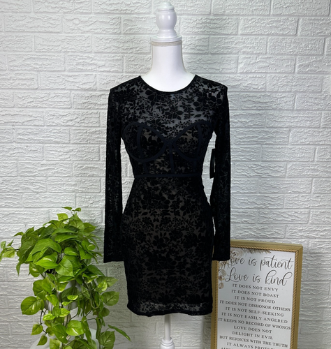 Women's M Lulu's NWT black mesh velvet dress lined black long sleeve | eBay