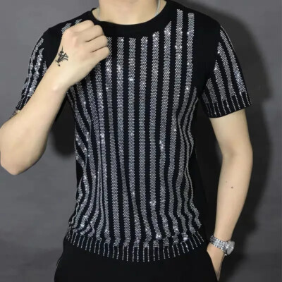 New Men Luxury Diamond Rhinestones Fashion Black T-Shirt High Quality ...