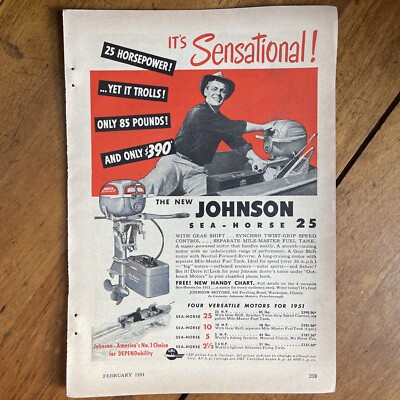 1951 JOHNSON Outboard Motor Ad -25 Hp Sea Horse. Nice Advertising Wall ...