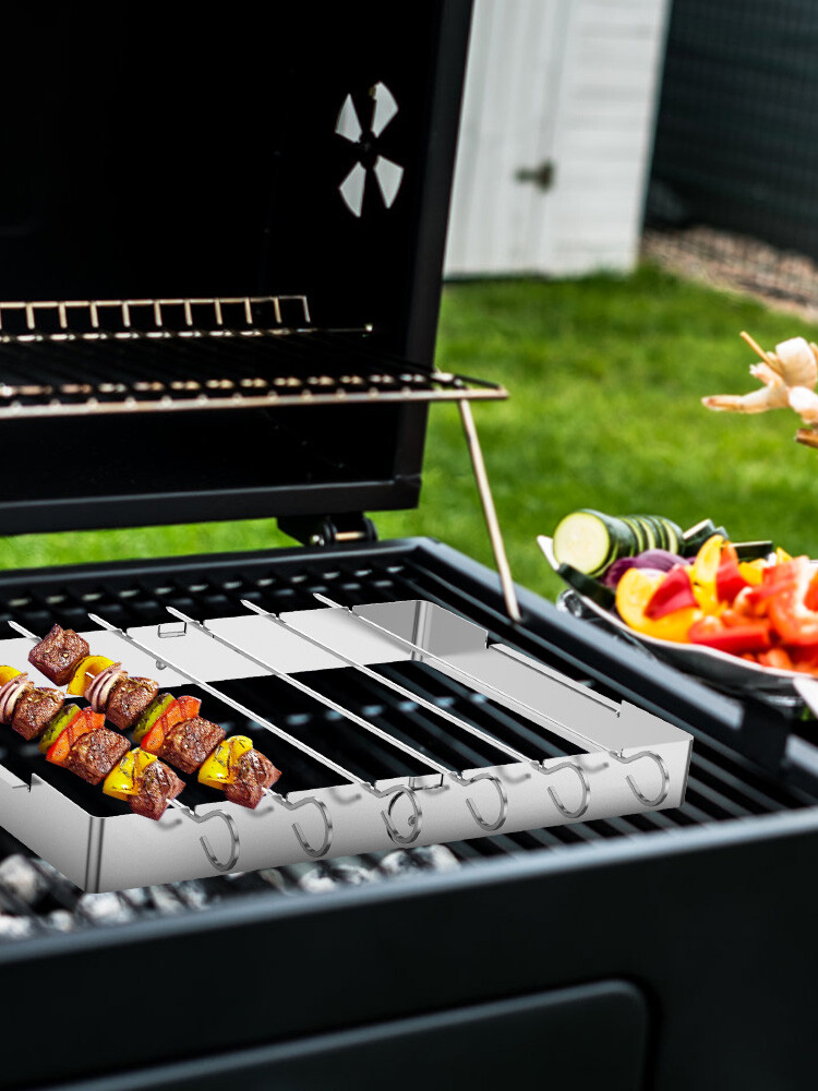 BBQ Skewer Rack Stainless Steel Barbecue Kabob Skewer Rack with 6 ...