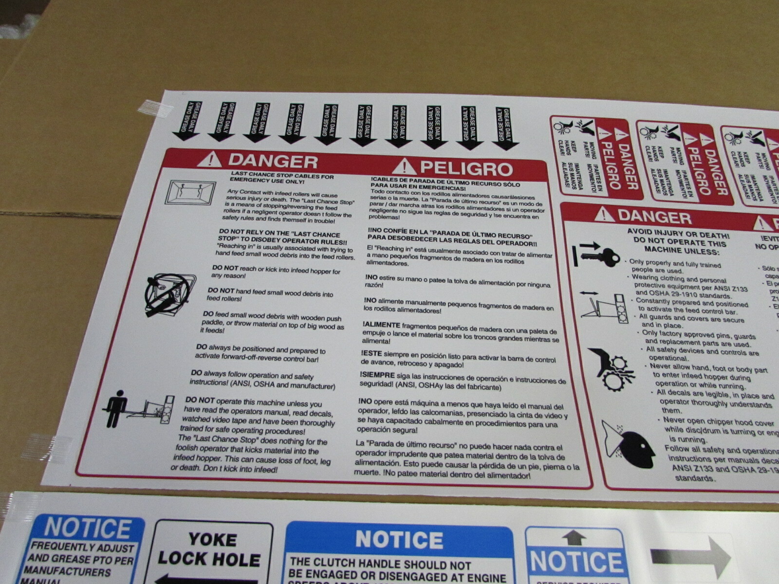 BANDIT WOOD CHIPPER WARNING & SAFETY DECAL KIT ENGLISH & SPANISH 150 ...