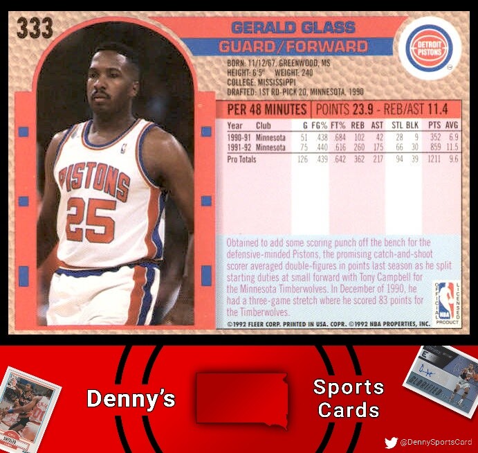 1992 Fleer #333 Gerald Glass Detroit Pistons Basketball Card | eBay