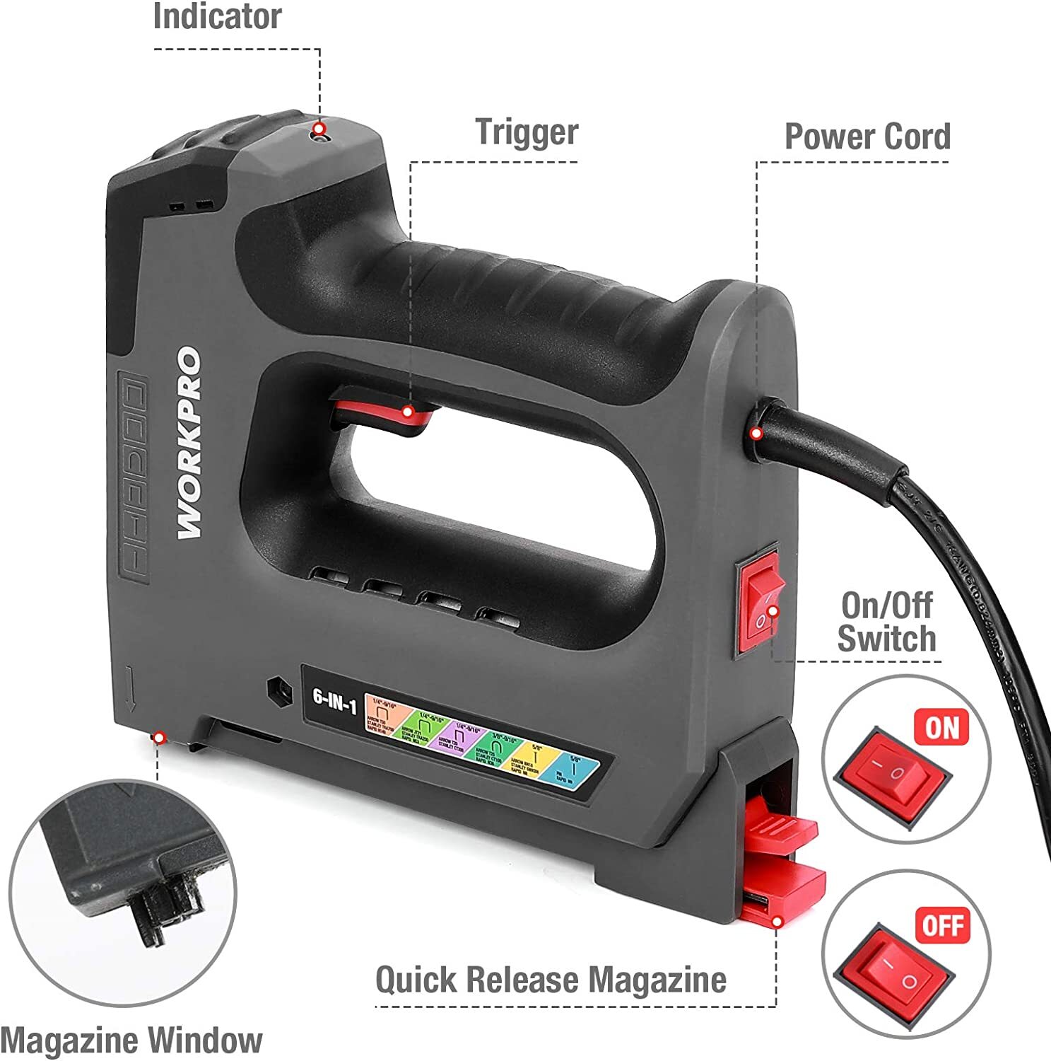 WORKPRO 6 in 1 Staple Gun Corded Electric Stapler Tacker 110V Brad ...