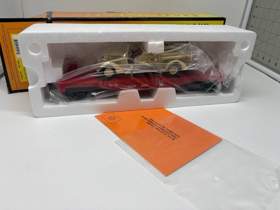MTH Rail King 30-76273 Red Jersey Central Flatcar w/ Cream Fire Truck ...
