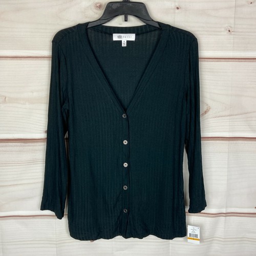 Fever Top Womens Small Rib Knit Button Up 3/4 Sleeve Black V-Neck Solid ...
