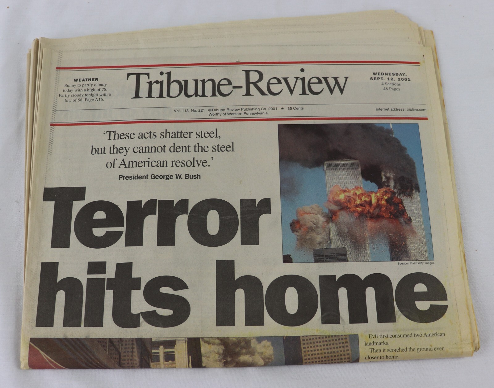 VINTAGE 9/12/01 Pittsburgh Tribune Review Newspaper September 11 2001 ...