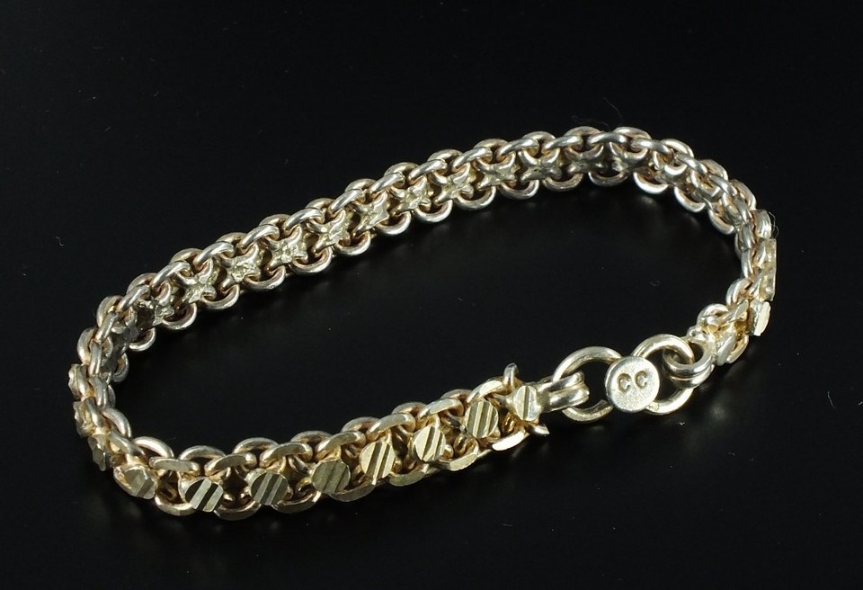 870 SILVER Faceted Stripe & Round Link Double Curb Bracelet, 6.7" 13 ...