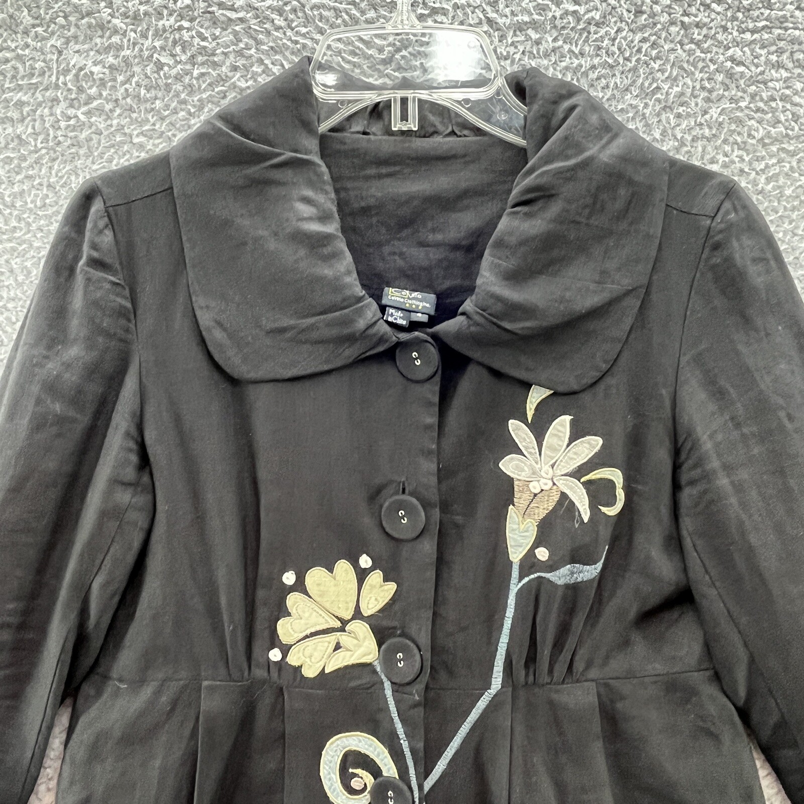 CoVelo Clothing Jacket Womens 4 Black Linen Floral Applique Art to Wear ...