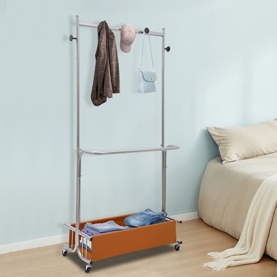 Movable Garment Rack - Modern Silver Iron, Free Standing, 4 Wheels & 5 ...