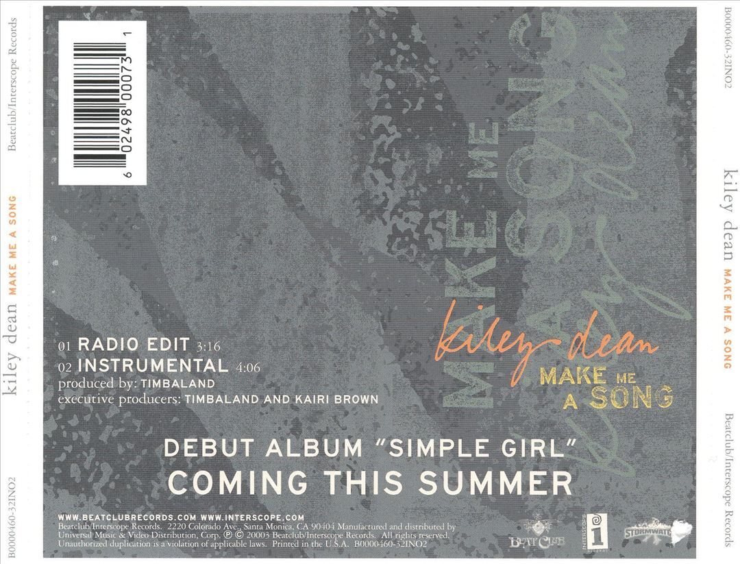 KILEY DEAN - MAKE ME A SONG [SINGLE] NEW CD 602498000731| eBay