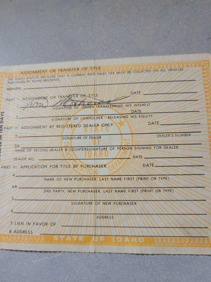 Vintage Historical Idaho Title Document 1972 Ford 4x4 Pickup | eBay