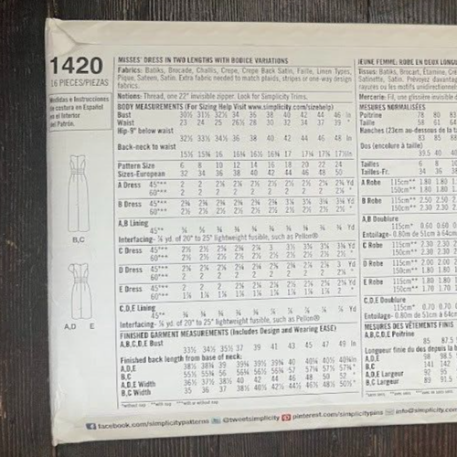 Simplicity 1420 Misses Dress Two Lengths Bodice Variations Sz 16-24 FF ...