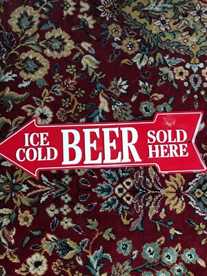 Ice Cold Beer Sold Here Arrow Embossed 27" Metal Tin Sign Funny Man ...