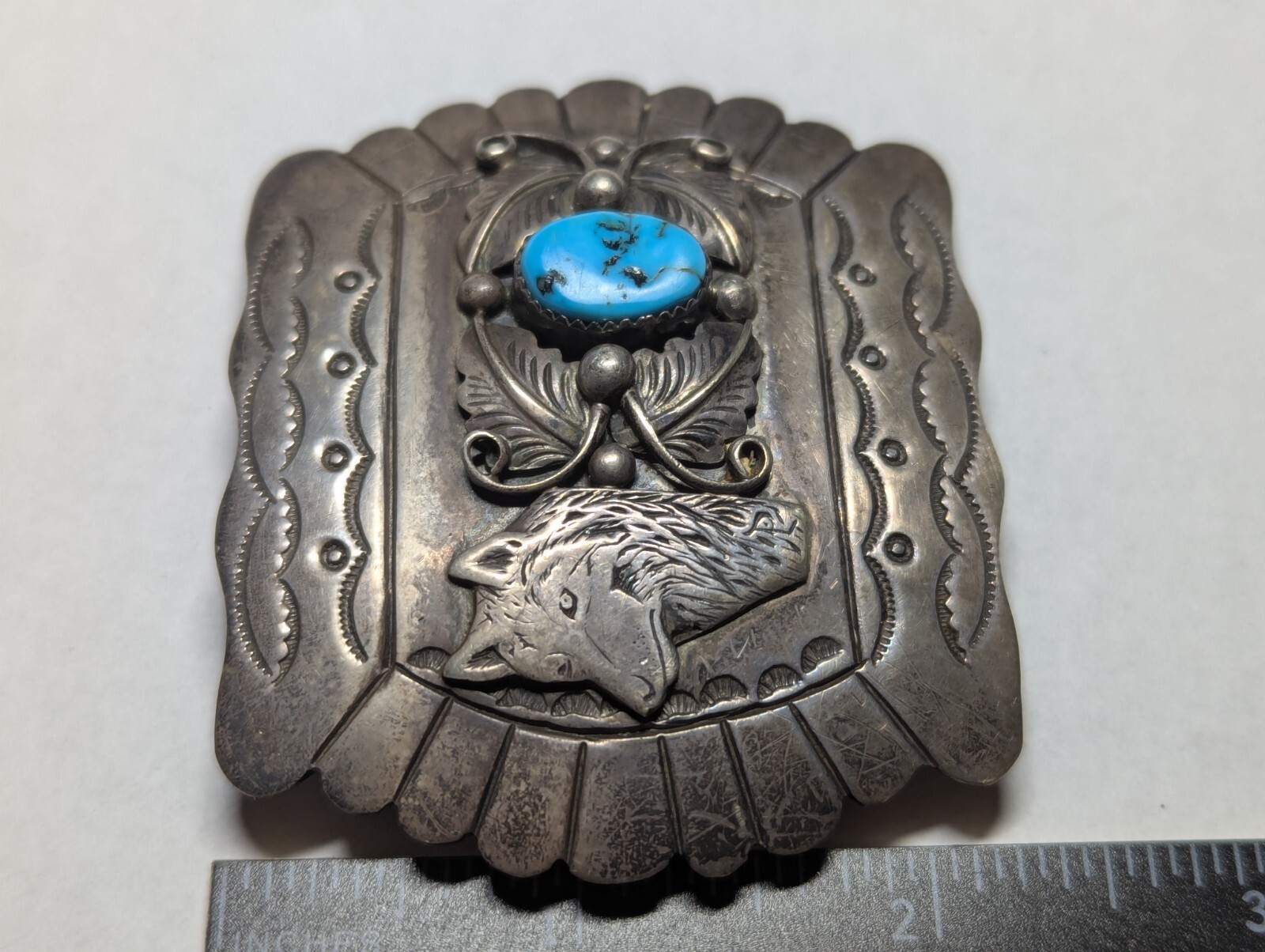 NAVAJO GARY JOHNSON .925 STERLING SILVER TURQUOISE WOLF BELT BUCKLE WAS ...