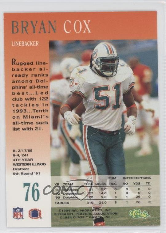1994 Classic Pro Line Live Bryan Cox #76 | eBay