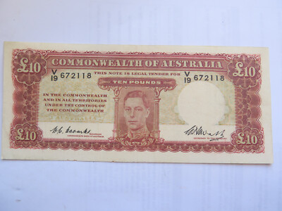 1949 COOMBS WATT KING GEORGE VI COMMONWEALTH of AUSTRALIA 10 POUND NOTE ...