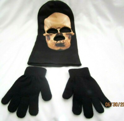 Halloween Beanie Full Face Beige Skeleton Skull face mask+Black Gloves ...