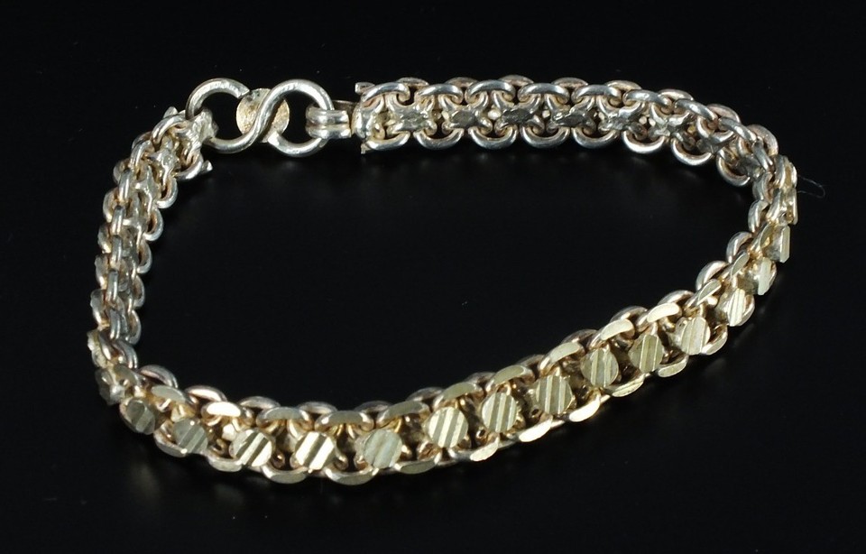 870 SILVER Faceted Stripe & Round Link Double Curb Bracelet, 6.7" 13 ...