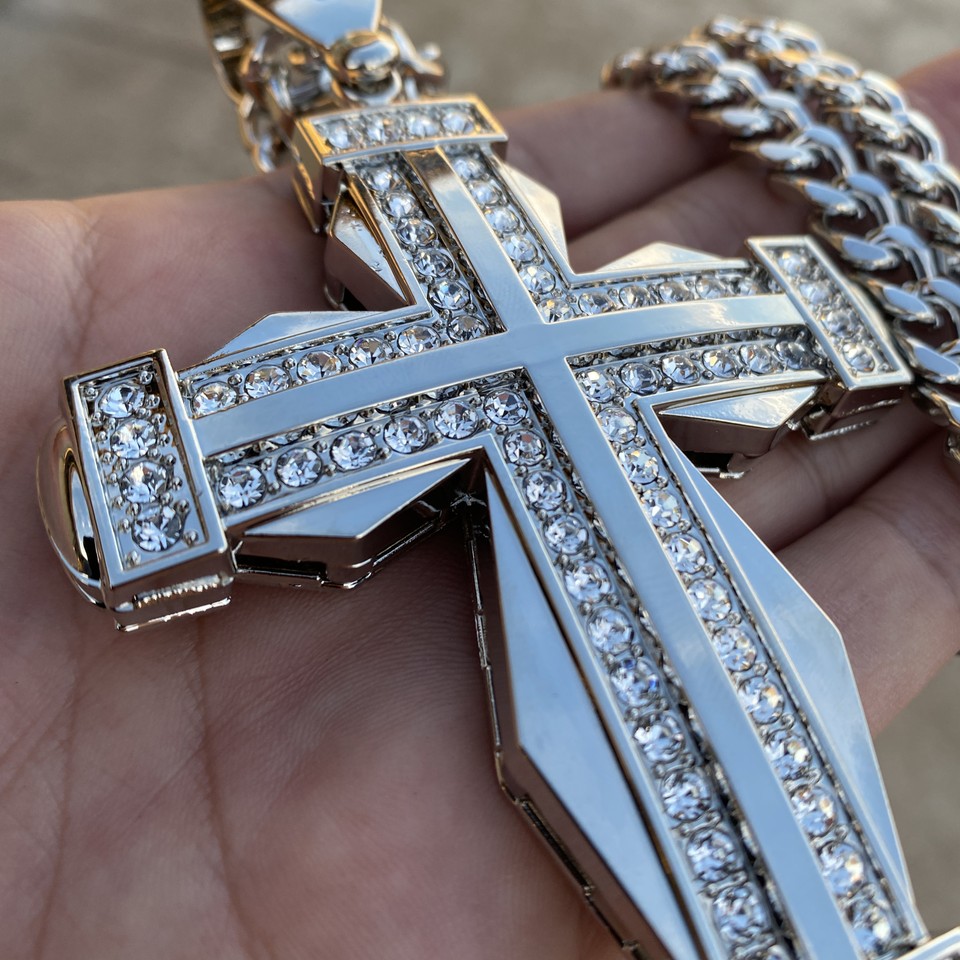 Men Huge Double Cross Pendant Jesus Necklace Silver Tone Hip Hop Cuban ...