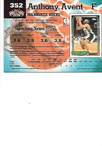 Anthony Avent 1992-93 Topps Stadium Club Basketball RC #352 Milwaukee ...