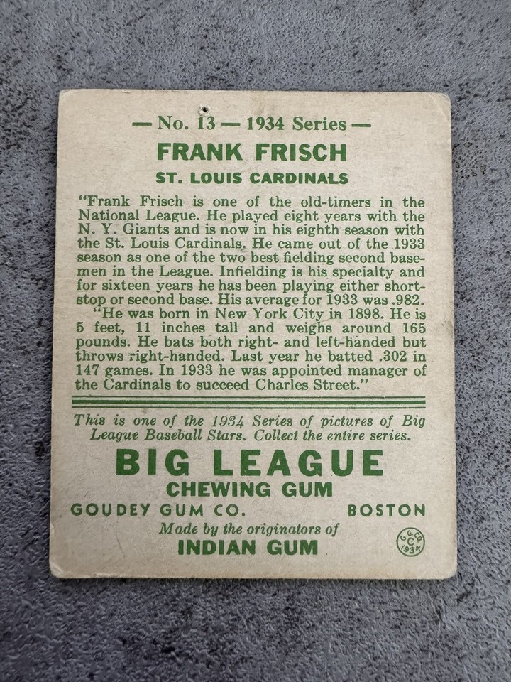 1933 Goudey #49 Frank Frisch St. Louis Cardinals Vintage Baseball Card ...