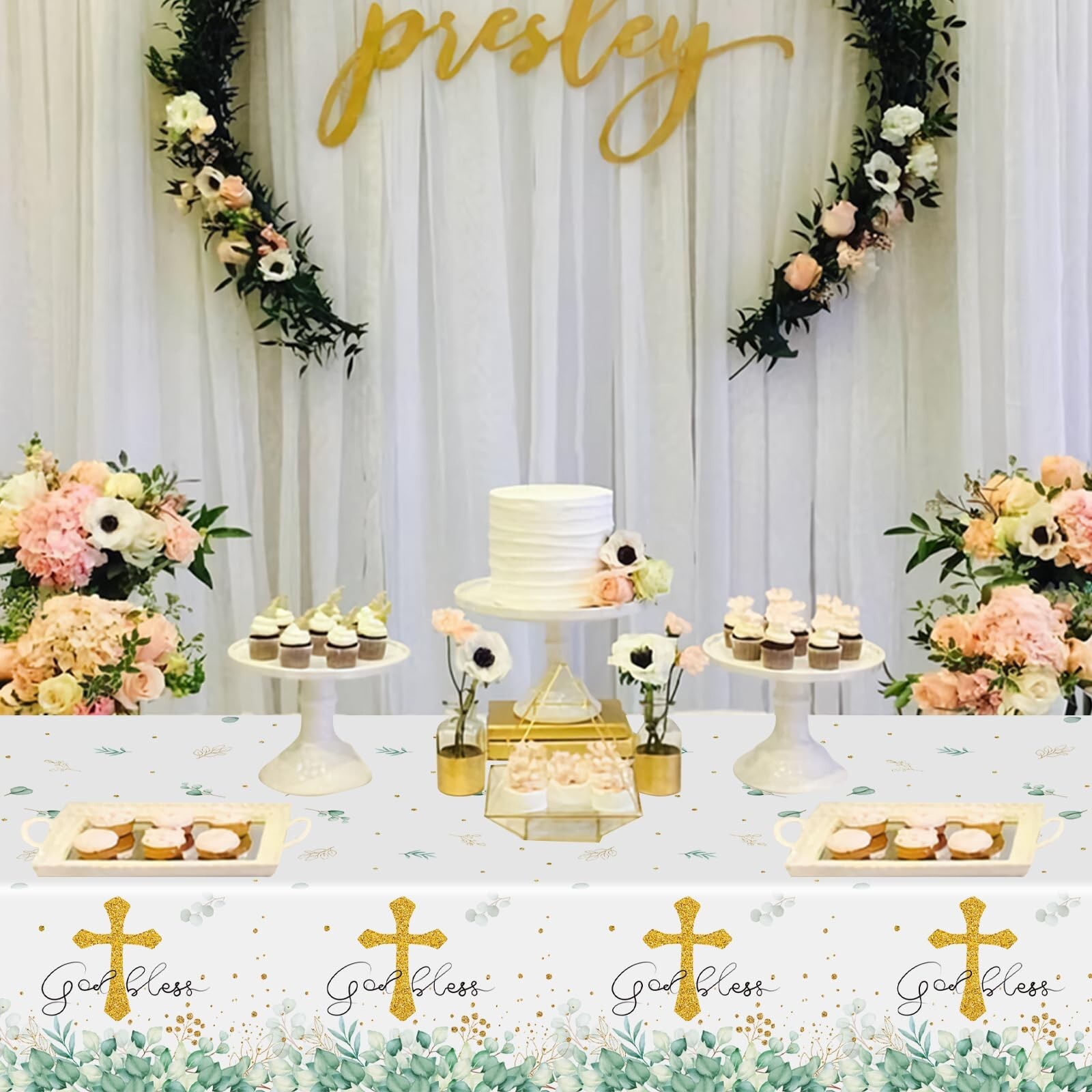 3pcs God Bless Tablecloth Baptism Table Cover First Holy Communion ...