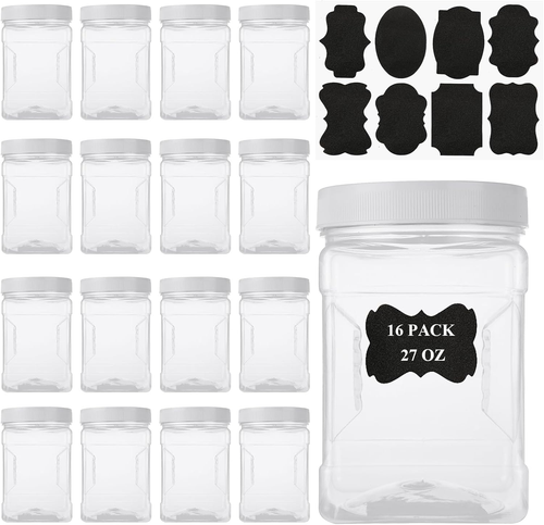 16 Pack 27 Oz Plastic Storage Jars with Lids, Square Plastic Jars ...