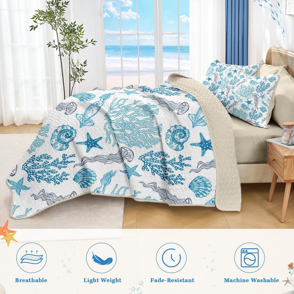 Quilt Set Full/Queen Size, Ocean Beach Nature 3 Pcs Soft Bed Cover ...