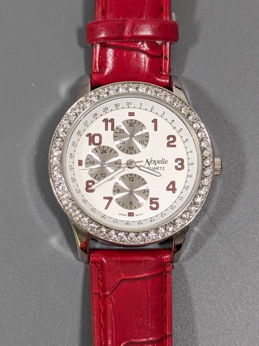 Novelle Crystal Accent Round Silver Tone Dial Red Faux Leather Watch | eBay