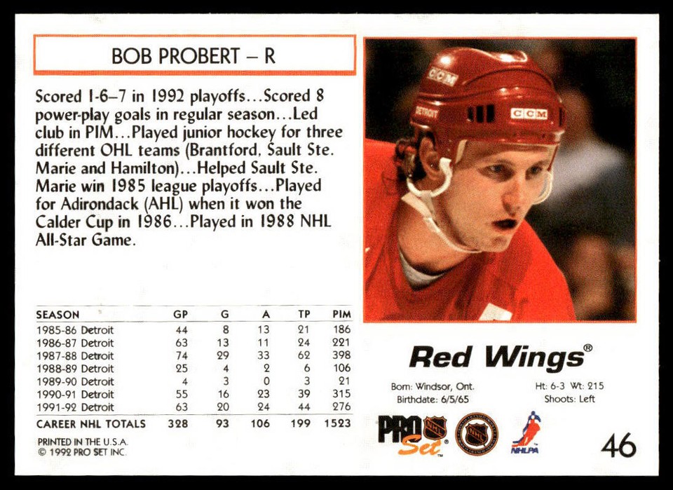 1992-93 Pro Set #46 Bob Probert Detroit Red Wings Hockey Card | eBay