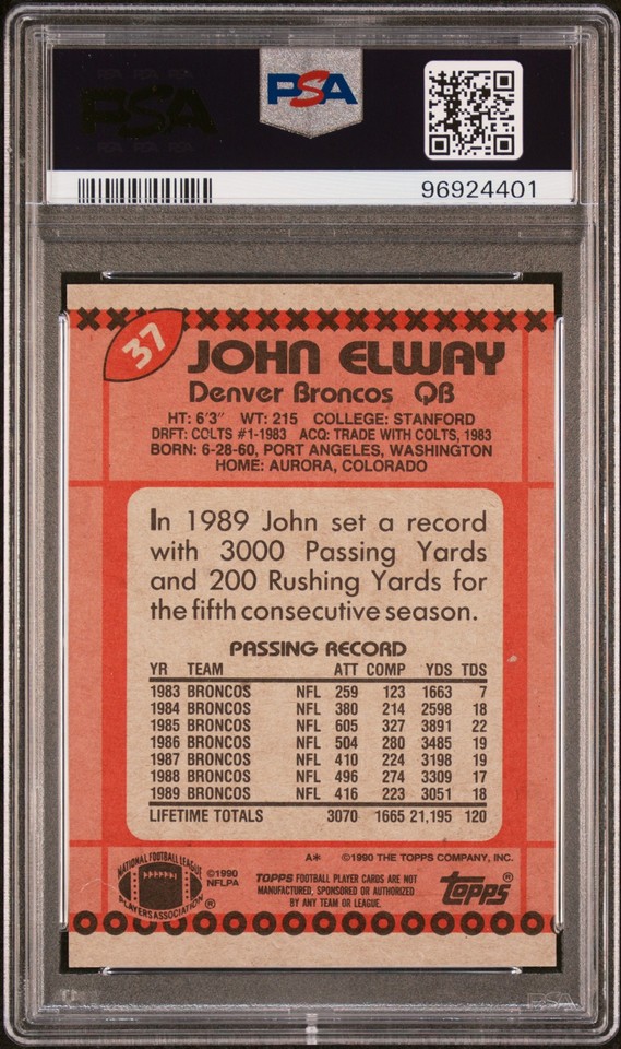 1990 TOPPS DISCLAIMER BACK #37 JOHN ELWAY PSA 7 | eBay