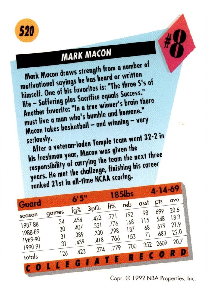 1991-92 SkyBox Mark Macon Rookie Denver Nuggets #520 | eBay