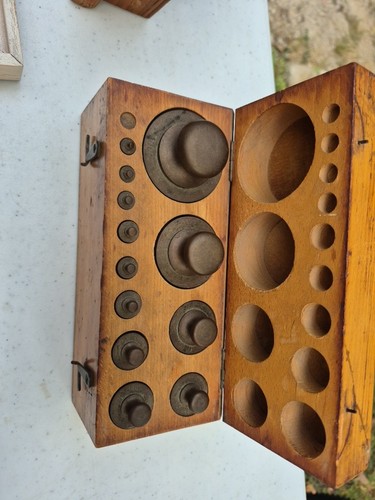 Antique Set Of 10 Graduated Brass Scale Calibration Weight In Wood ...