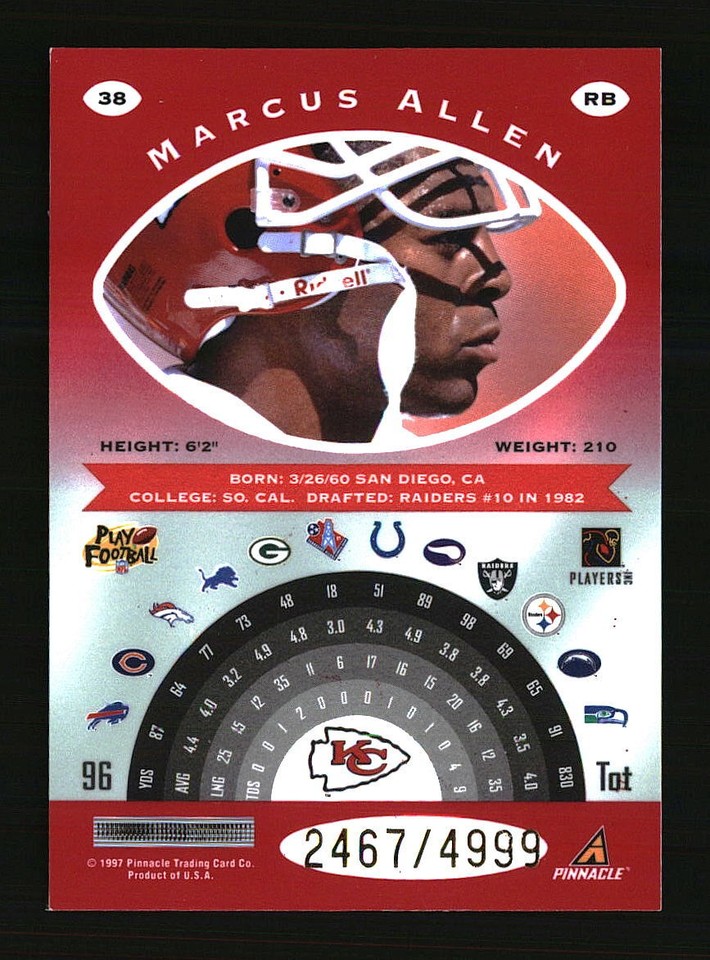 1997 PINNACLE TOTALLY CERTIFIED RED SP /4999 #38 MARCUS ALLEN | eBay
