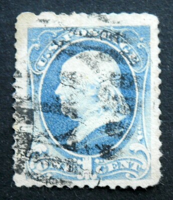 USED 1870 National Bank Note GRILL #134 1c blue (Margins) VERY FINE 1c ...
