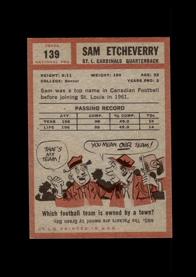 1962 Topps Set-Break #139 Sam Etcheverry EX-EXMINT *GMCARDS* | eBay