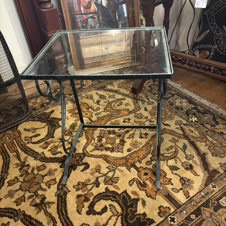 VINTAGE SMALL VERDIGRIS WROUGHT IRON GLASS TOP SIDE TABLE 14.5x12.5 ...