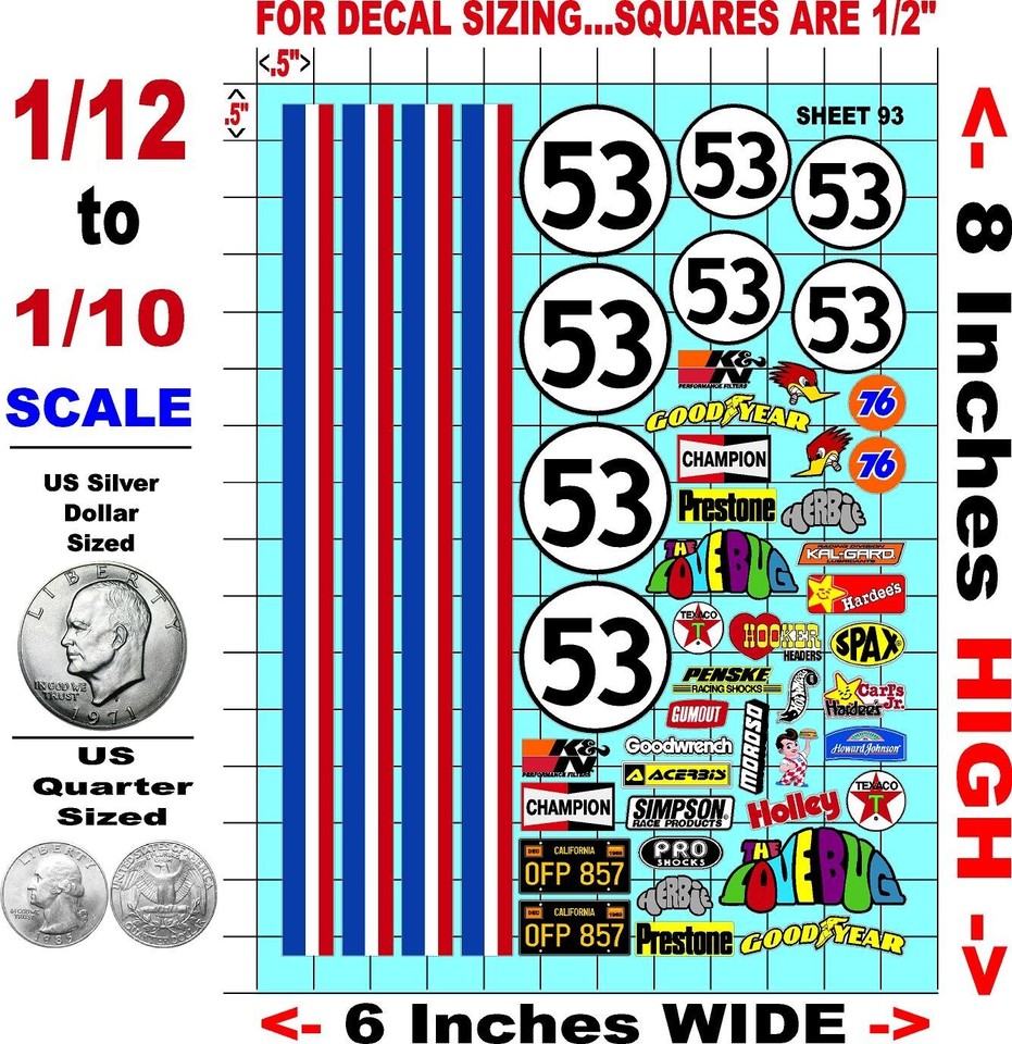 WHITE VINYL RACING Sticker SHEET 93 Herbie Love Bug-R/C MODEL Die-cut-1 ...