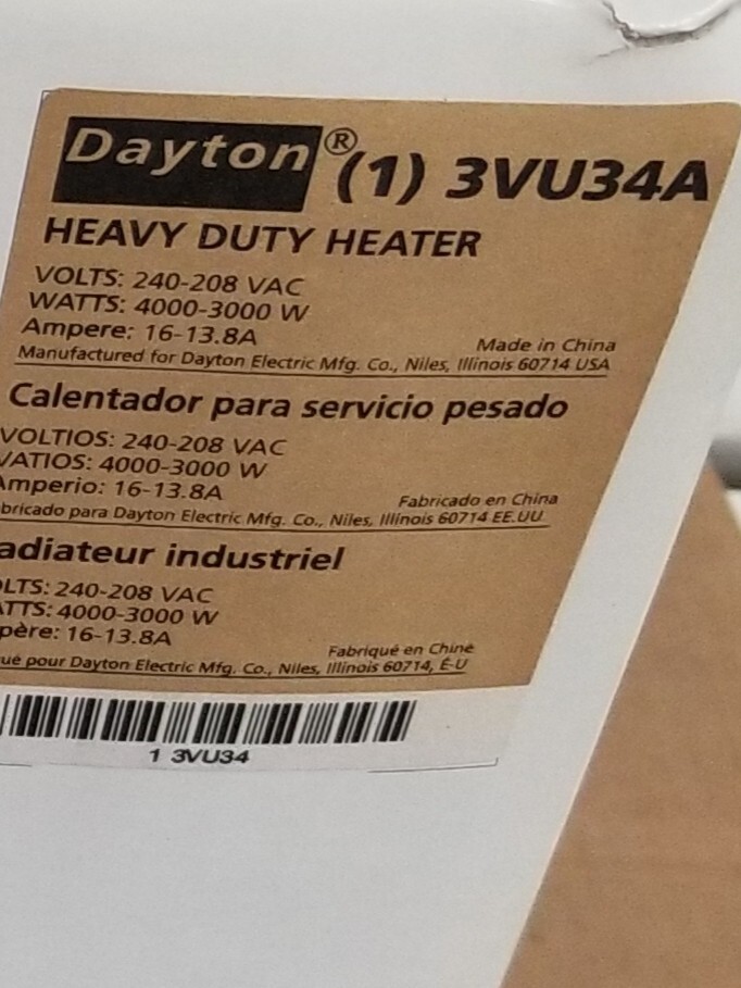 Dayton 3VU34A Heavy Duty Electric Heater 240-208VAC 4K-3KW 16-13.8A Fan ...