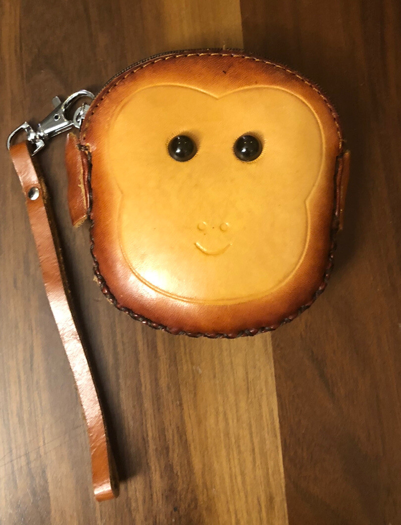 HANDMADE MONKEY FACE LEATHER KEYCHAIN CHANGE PURSE WALLET WRISTLET EUC ...