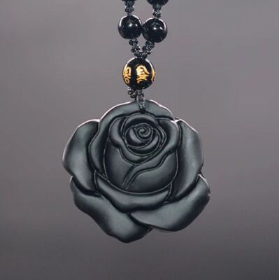 Crystal Natural Black Obsidian Rose Necklace Flower Pendant Bead Chain ...
