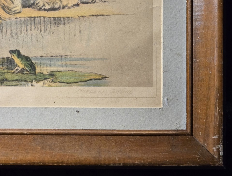 Vintage Framed Dog Print Spaniels Watching Frog Art 1950s Signed Litho ...