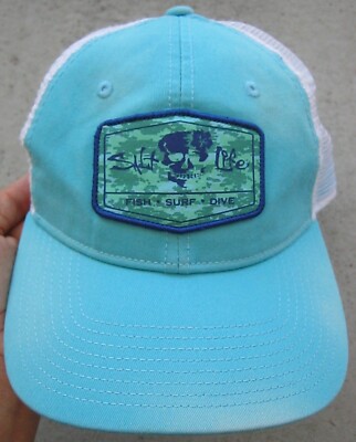 SALT LIFE FISH SURF DIVE SNAPBACK OSFM MESH HAT CAP, LIGHT BLUE & WHITE ...